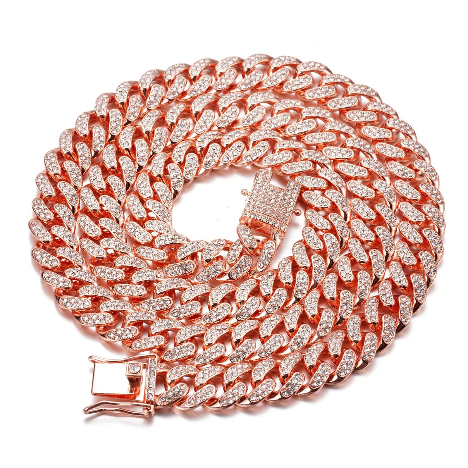 Halukakah Gold Chain for Men Iced Out,14MM Rose Gold Plated Diamond Cuban Link Chain Necklace 18",Lab Dimaonds Prong Set,Gift for Him