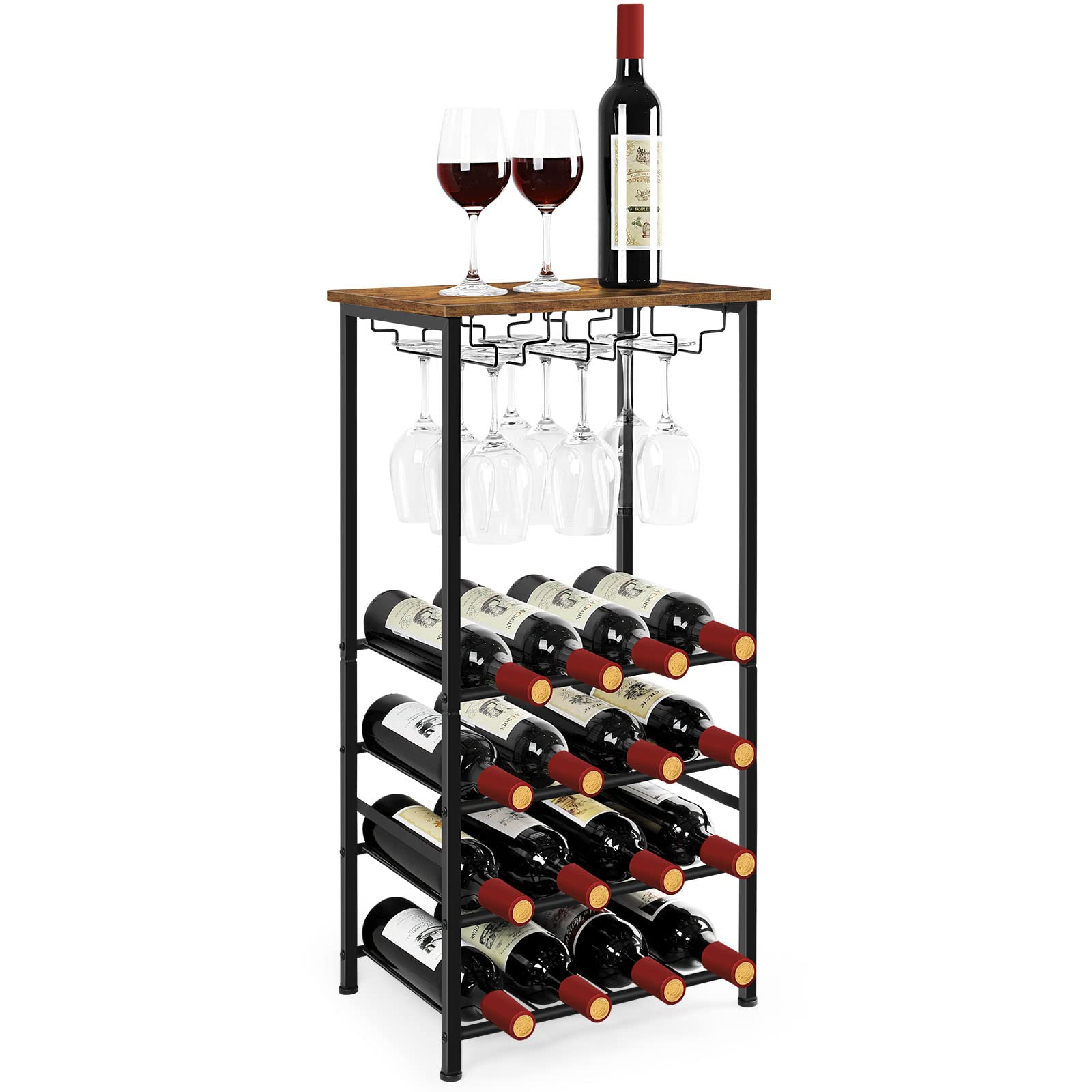 Wine Rack Freestanding Floor, Rustic Wine Holder Stand with Wine Storage and Bottle Shelf, 16 Bottles Floor Wine Rack Shelf for Kitchen Dining Room, Office, Bar, Rustic Brown