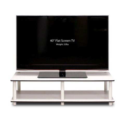 Furinno Just No Tools Wide TV Stand, White & Just 3-Tier Turn-N-Tube End Table/Side Table/Night Stand/Bedside Table with Plastic Poles, 1-Pack, White/White