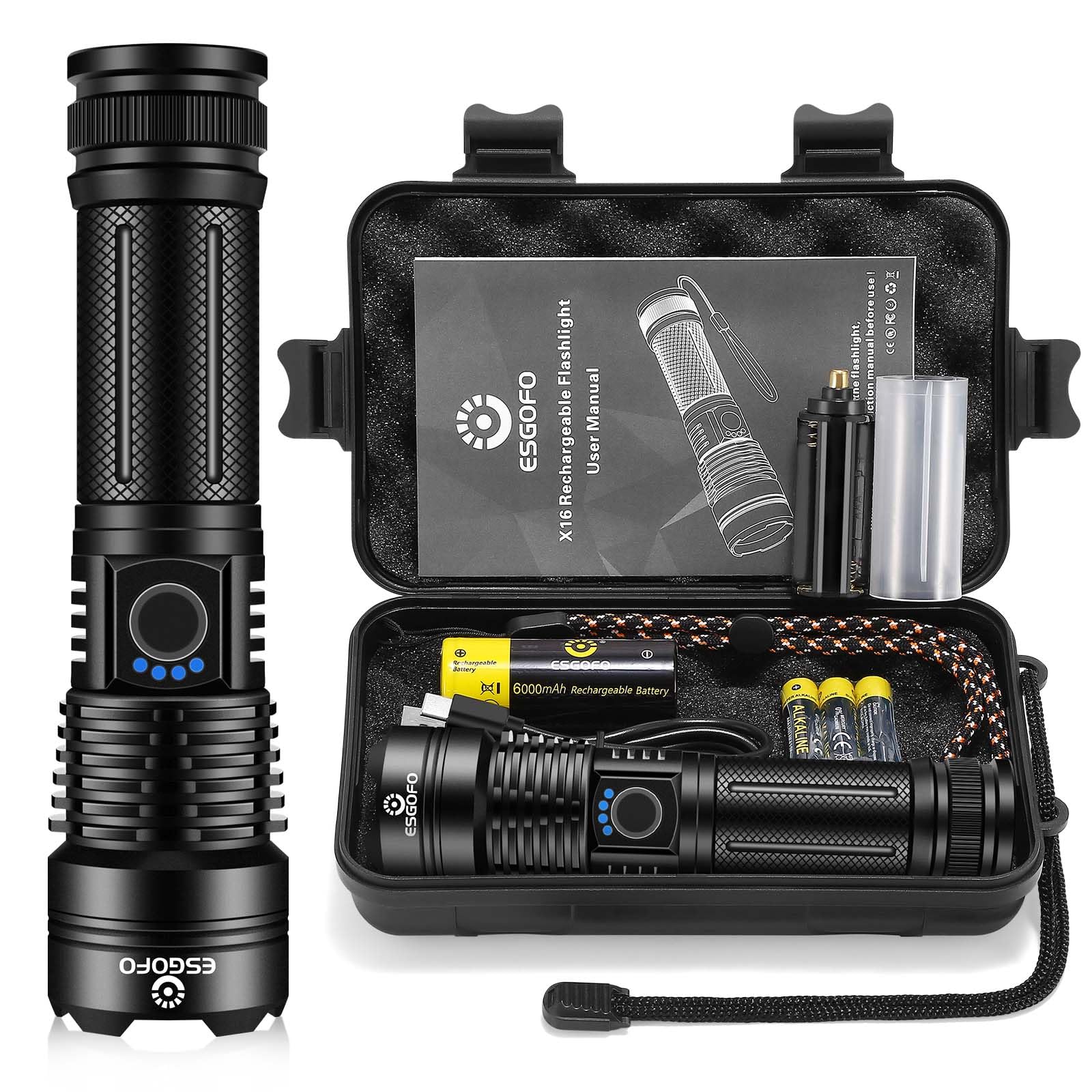 Esgofo Flashlights High Lumens Rechargeable,1000000 Lumens Super Bright Handheld LED Flash Light,Powerful Emergency Linternas, Waterproof, Long Lasting, for Hiking Camping Gift