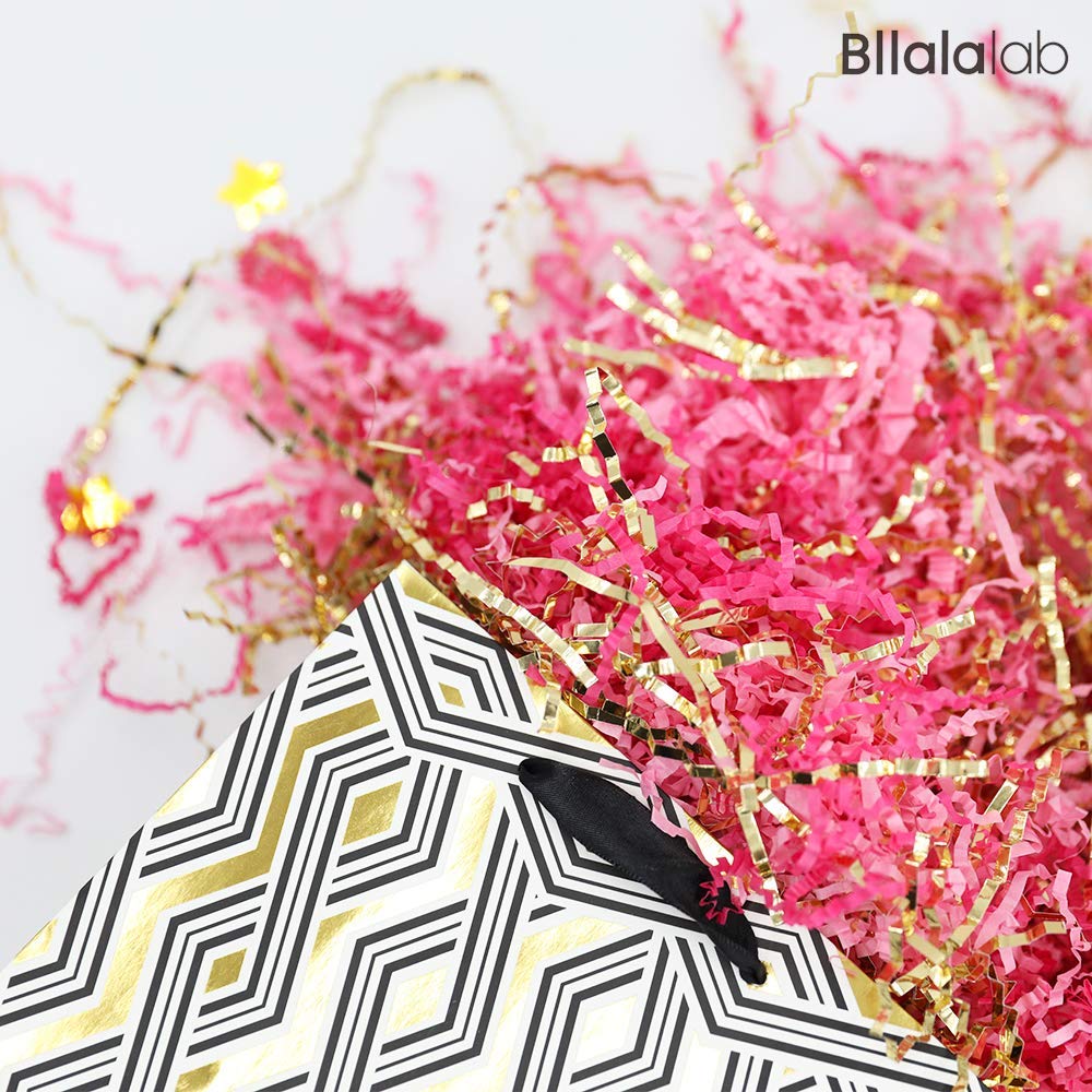 BllalaLab Pink & Gold Crinkle Cut Paper Shred Filler 1LB, Raffia Paper Gift Wrapping Basket Filling Bag Stuffing and Packing, Assorted Color Variations Tissue Filler (Pink & Magenta & Gold)