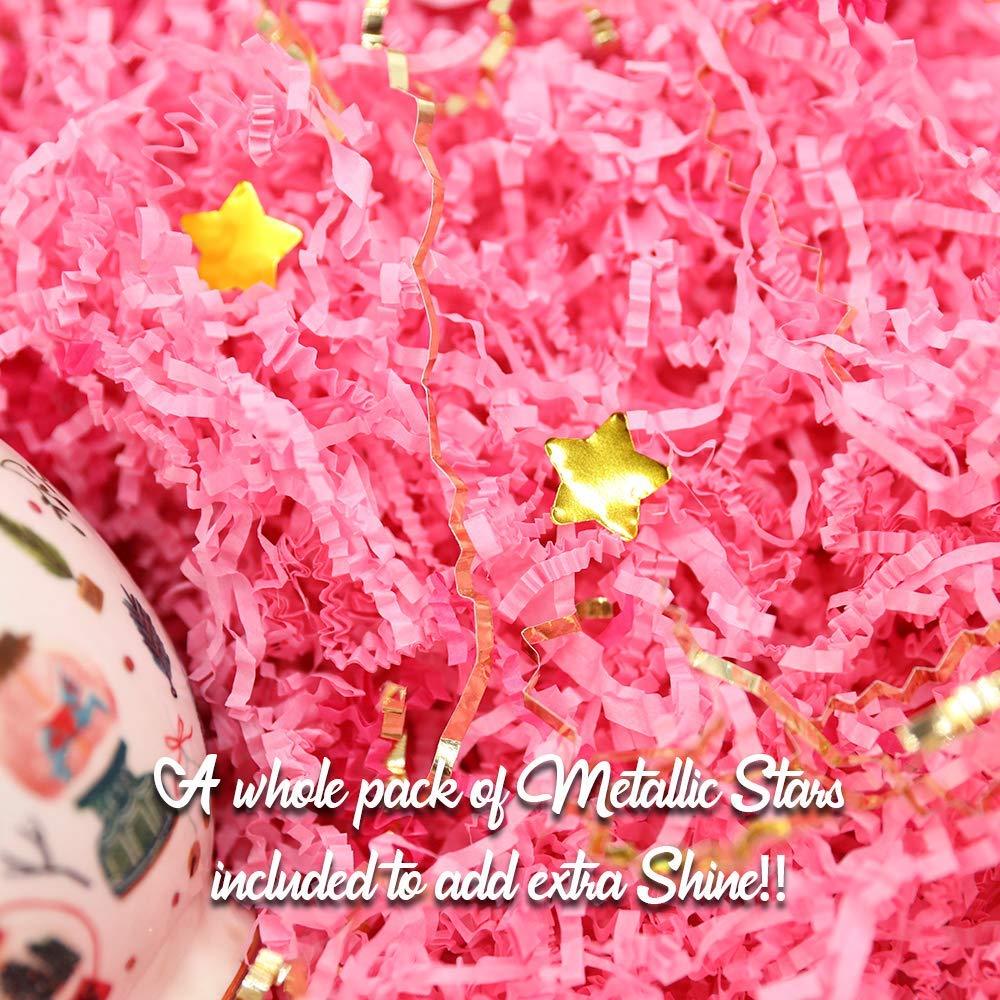 BllalaLab Pink & Gold Crinkle Cut Paper Shred Filler 1LB, Raffia Paper Gift Wrapping Basket Filling Bag Stuffing and Packing, Assorted Color Variations Tissue Filler (Pink & Magenta & Gold)