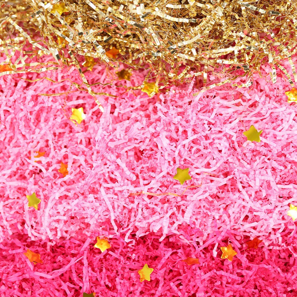 BllalaLab Pink & Gold Crinkle Cut Paper Shred Filler 1LB, Raffia Paper Gift Wrapping Basket Filling Bag Stuffing and Packing, Assorted Color Variations Tissue Filler (Pink & Magenta & Gold)