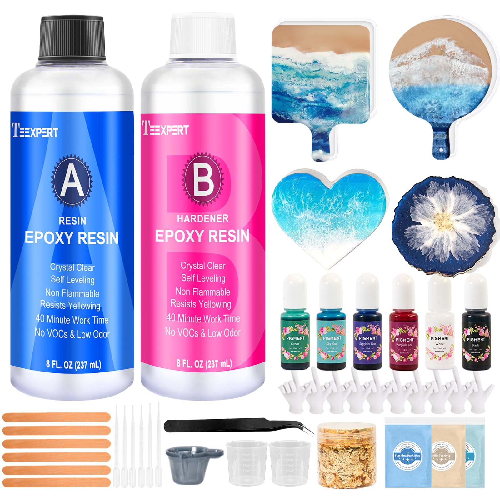 Teexpert Epoxy Resin Kit for Beginners, Resin Kit with Coaster Molds, Silicone Molds Kit, Pigments, Mica Powder, Foil Flakes, Crystal Clear Art Resin, Casting & Coating for DIY Resin Coasters 16 FL.OZ