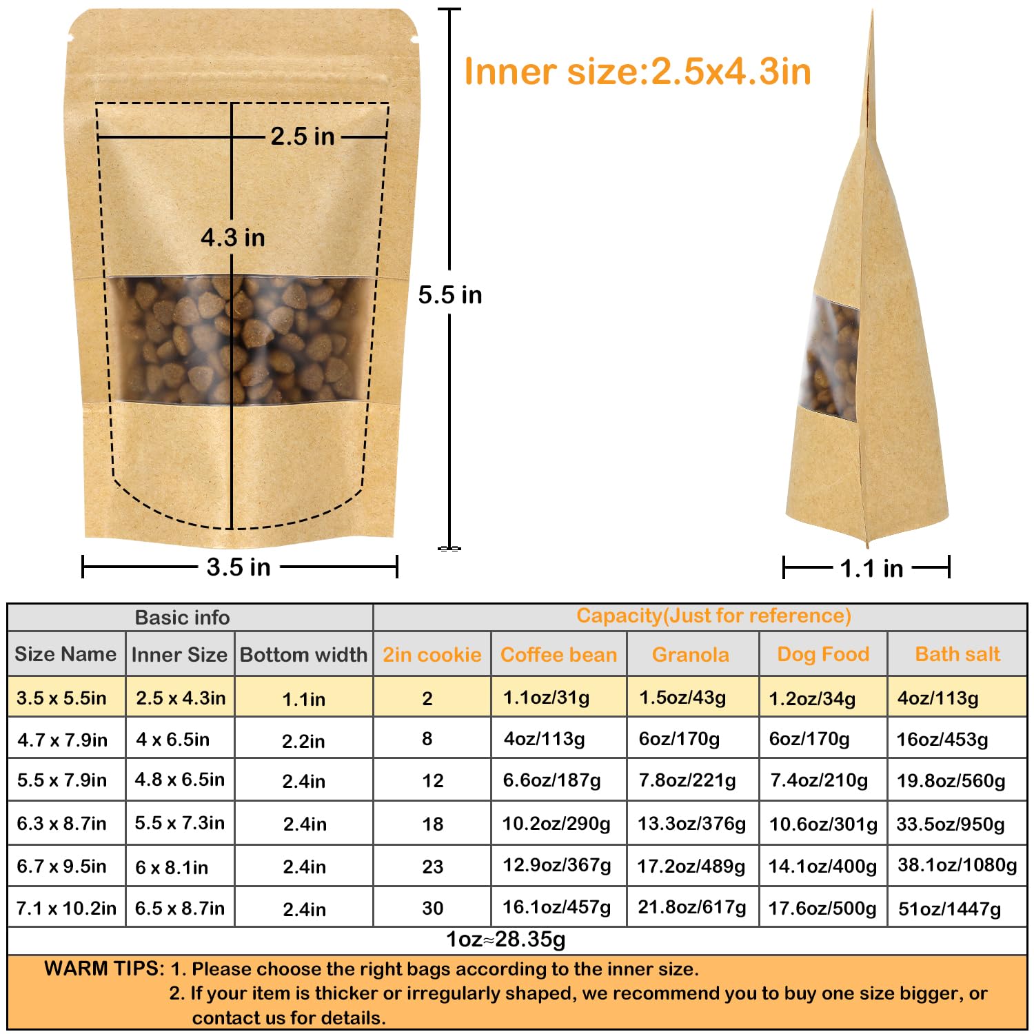 Blisstime Stand Up Pouch Bags, 50 Pack Kraft Pouch with Tear Notch and Matte Window, Heat sealable Zip Lock Food Storage Bag (3.5" X 5.5")