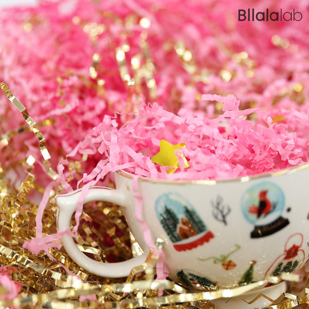 BllalaLab Pink & Gold Crinkle Cut Paper Shred Filler 1LB, Raffia Paper Gift Wrapping Basket Filling Bag Stuffing and Packing, Assorted Color Variations Tissue Filler (Pink & Magenta & Gold)