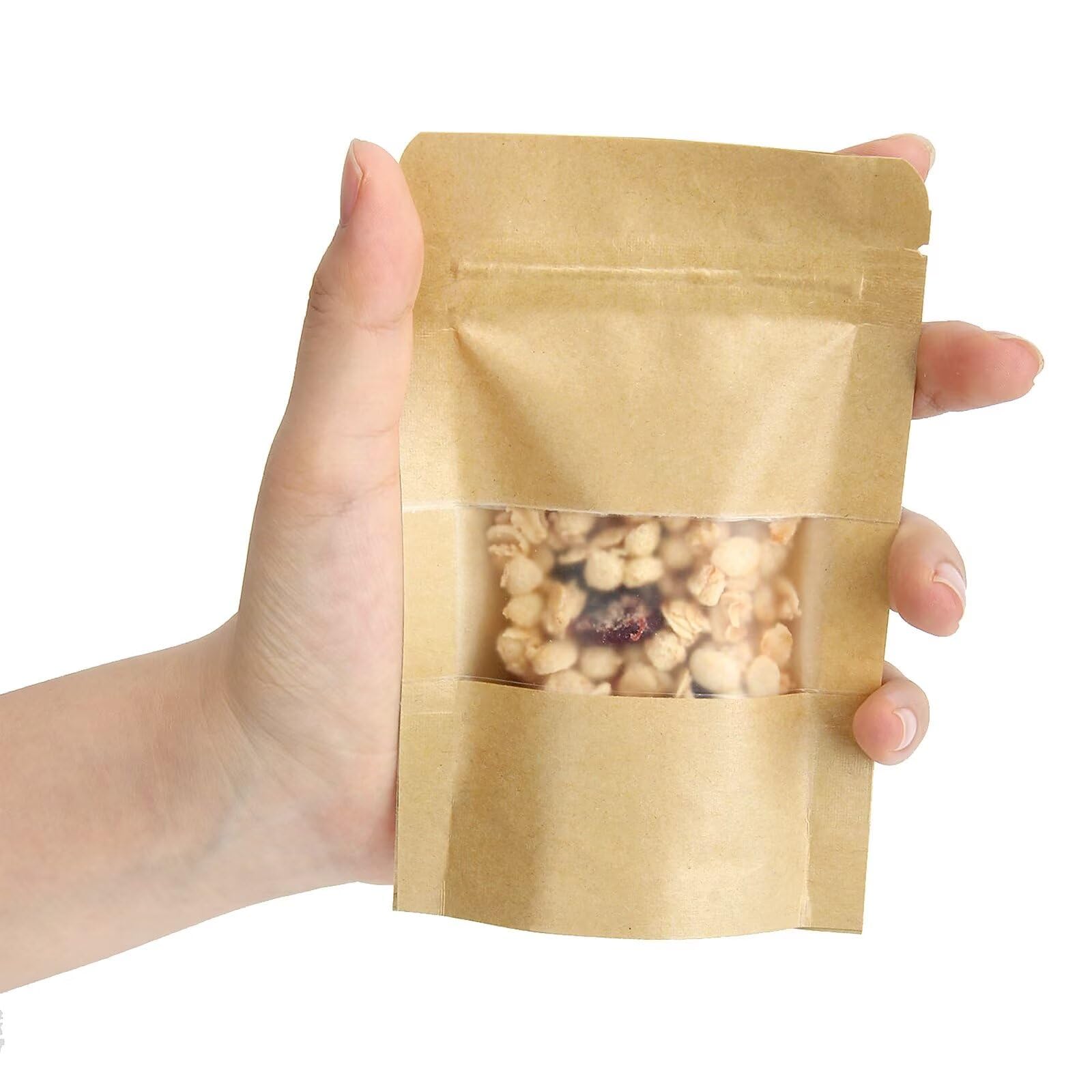 Blisstime Stand Up Pouch Bags, 50 Pack Kraft Pouch with Tear Notch and Matte Window, Heat sealable Zip Lock Food Storage Bag (3.5" X 5.5")
