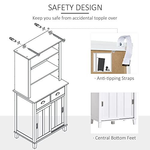 HOMCOM 67" Freestanding Buffet with Hutch, Kitchen Pantry Storage Cabinet with Sliding Doors, Drawers and Open Shelves, Adjustable Shelving, White