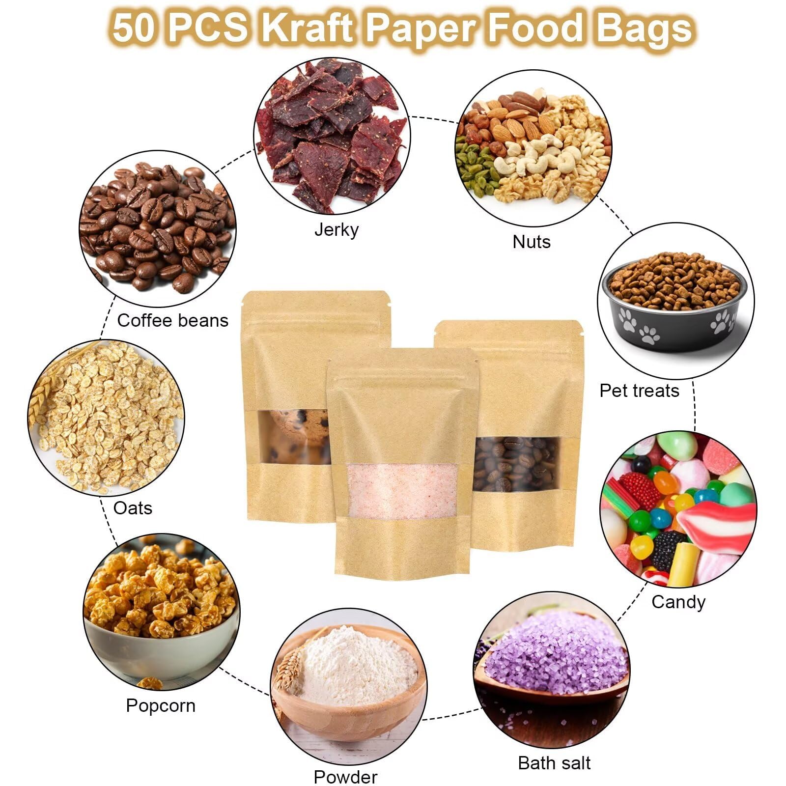 Blisstime Stand Up Pouch Bags, 50 Pack Kraft Pouch with Tear Notch and Matte Window, Heat sealable Zip Lock Food Storage Bag (3.5" X 5.5")