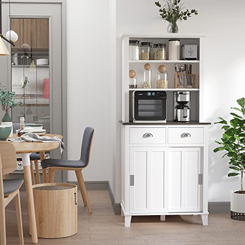 HOMCOM 67" Freestanding Buffet with Hutch, Kitchen Pantry Storage Cabinet with Sliding Doors, Drawers and Open Shelves, Adjustable Shelving, White