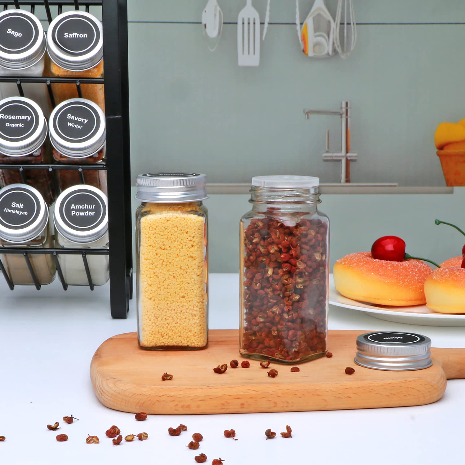 Accguan Spice Jars with Spice Rack,Spice Organizer with Spice Stickers and Stylus and Funnel, Perfect for Kitchen Countertop Storage,Cabinet Storage, Dining Room, and Gifts(36pcs)