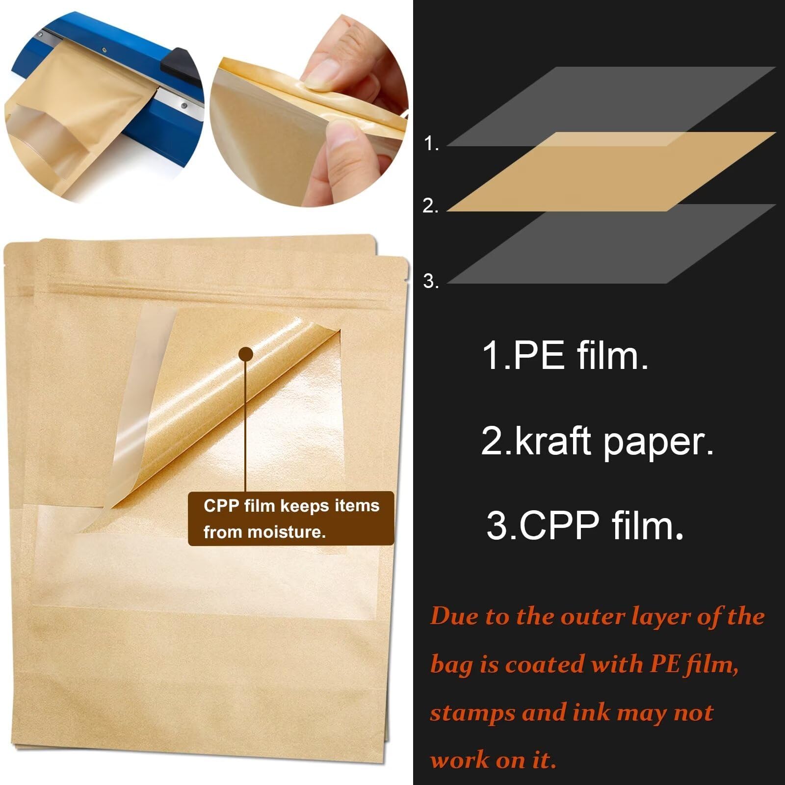 Blisstime Stand Up Pouch Bags, 50 Pack Kraft Pouch with Tear Notch and Matte Window, Heat sealable Zip Lock Food Storage Bag (3.5" X 5.5")