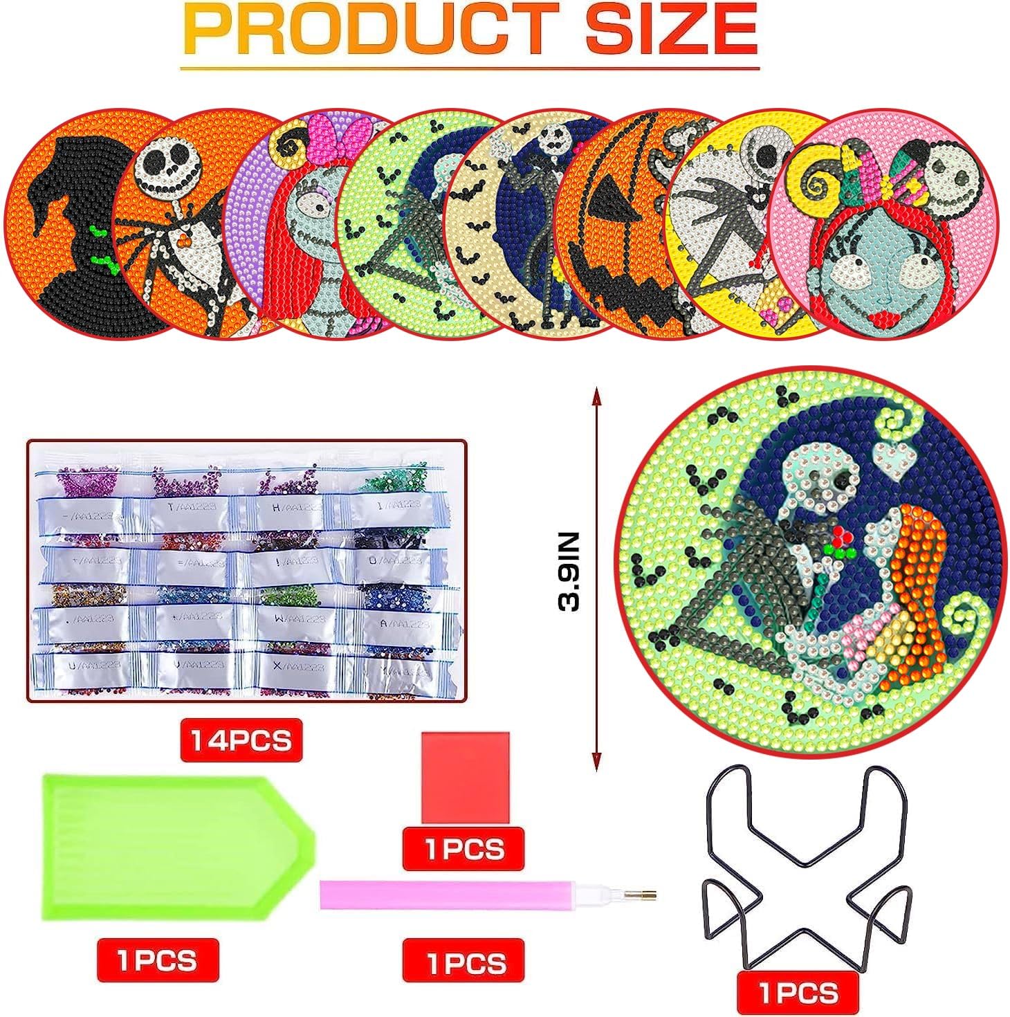 8 Pcs Halloween Diamond Paintings Coasters Kits with Holder, DIY Jack and Sally Coaster Diamond Art Kits,Full Drill Rhinestone Painting Kits for Adults & Kids,Beginners Art Craft Supplies
