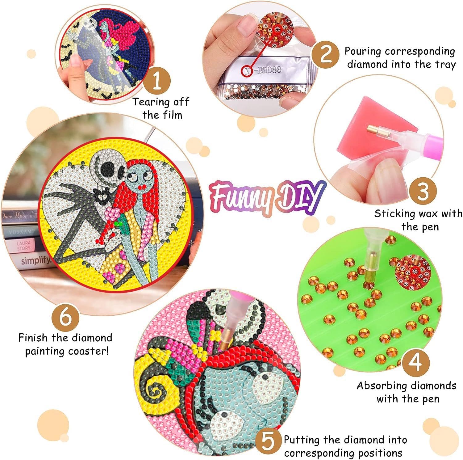 8 Pcs Halloween Diamond Paintings Coasters Kits with Holder, DIY Jack and Sally Coaster Diamond Art Kits,Full Drill Rhinestone Painting Kits for Adults & Kids,Beginners Art Craft Supplies