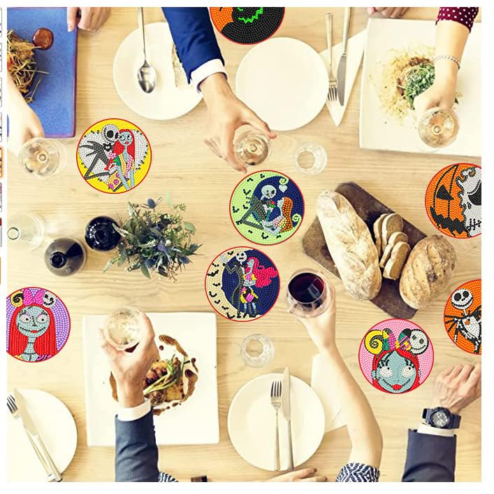 8 Pcs Halloween Diamond Paintings Coasters Kits with Holder, DIY Jack and Sally Coaster Diamond Art Kits,Full Drill Rhinestone Painting Kits for Adults & Kids,Beginners Art Craft Supplies