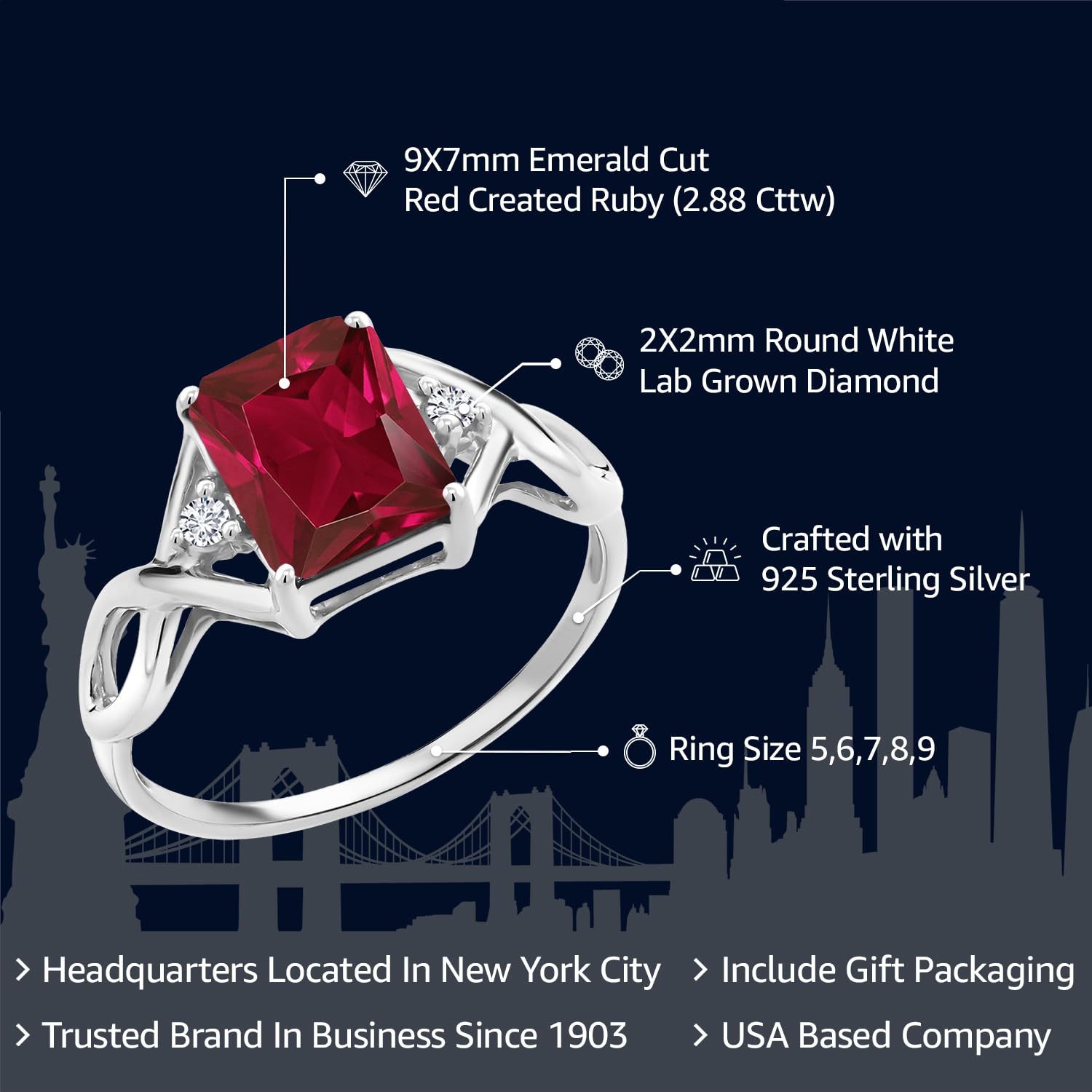 Gem Stone King 2.88 Cttw Red Created Ruby and White Lab Grown Diamond Ring For Women | 925 Sterling Silver | Available in size 5, 6, 7, 8, 9