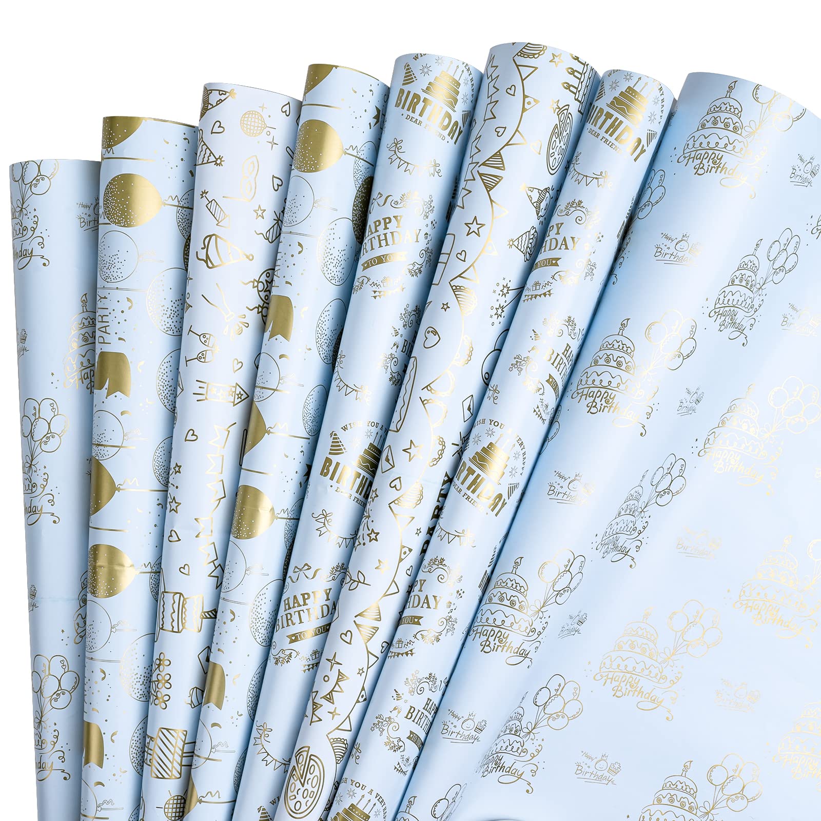 LeZakaa Birthday Wrapping Paper Sheet - Blue Color with Gold Foil - Birthday Party/Cake/Banner/Gift Box for Gift Wrap - 27.5" x 19.6" x 8 Sheets