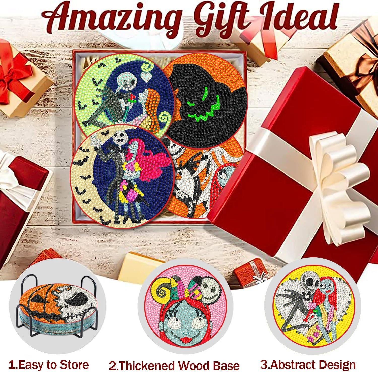8 Pcs Halloween Diamond Paintings Coasters Kits with Holder, DIY Jack and Sally Coaster Diamond Art Kits,Full Drill Rhinestone Painting Kits for Adults & Kids,Beginners Art Craft Supplies