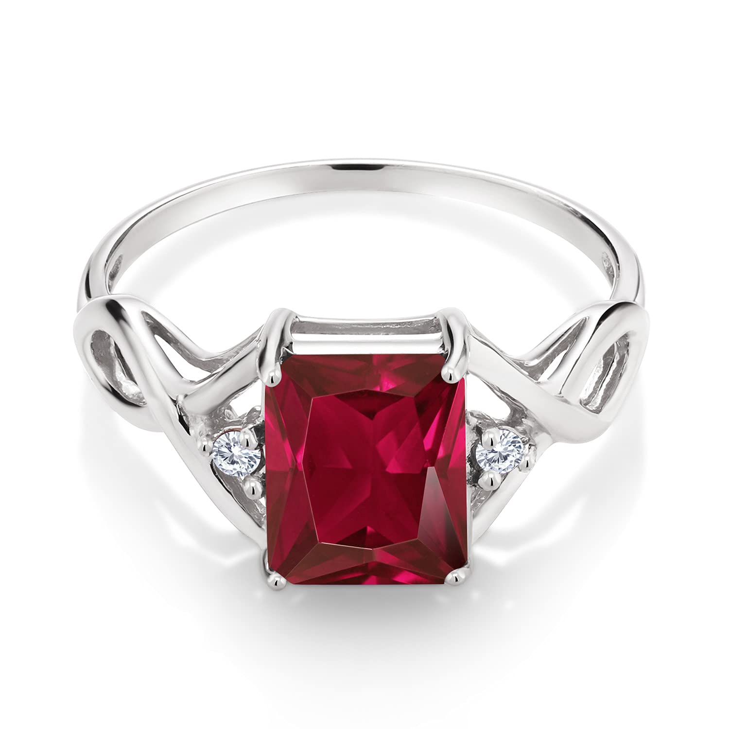 Gem Stone King 2.88 Cttw Red Created Ruby and White Lab Grown Diamond Ring For Women | 925 Sterling Silver | Available in size 5, 6, 7, 8, 9