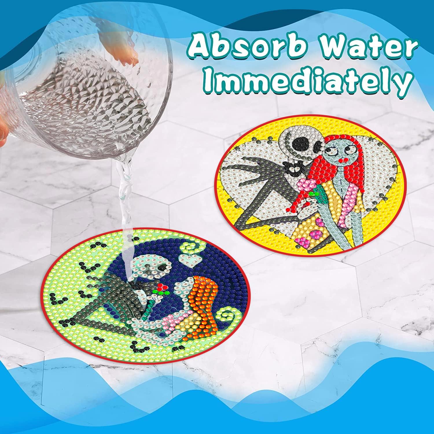 8 Pcs Halloween Diamond Paintings Coasters Kits with Holder, DIY Jack and Sally Coaster Diamond Art Kits,Full Drill Rhinestone Painting Kits for Adults & Kids,Beginners Art Craft Supplies