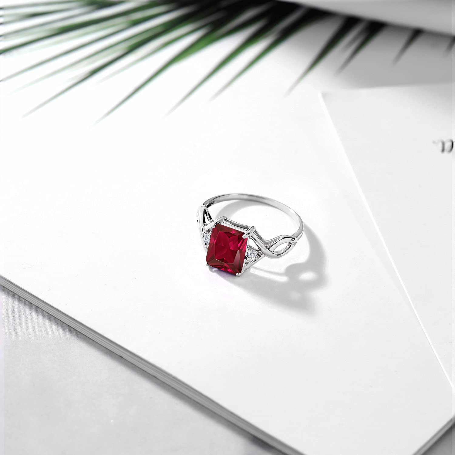 Gem Stone King 2.88 Cttw Red Created Ruby and White Lab Grown Diamond Ring For Women | 925 Sterling Silver | Available in size 5, 6, 7, 8, 9