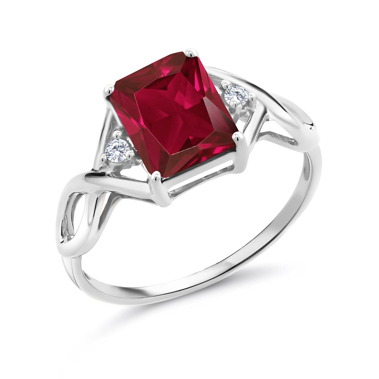 Gem Stone King 2.88 Cttw Red Created Ruby and White Lab Grown Diamond Ring For Women | 925 Sterling Silver | Available in size 5, 6, 7, 8, 9