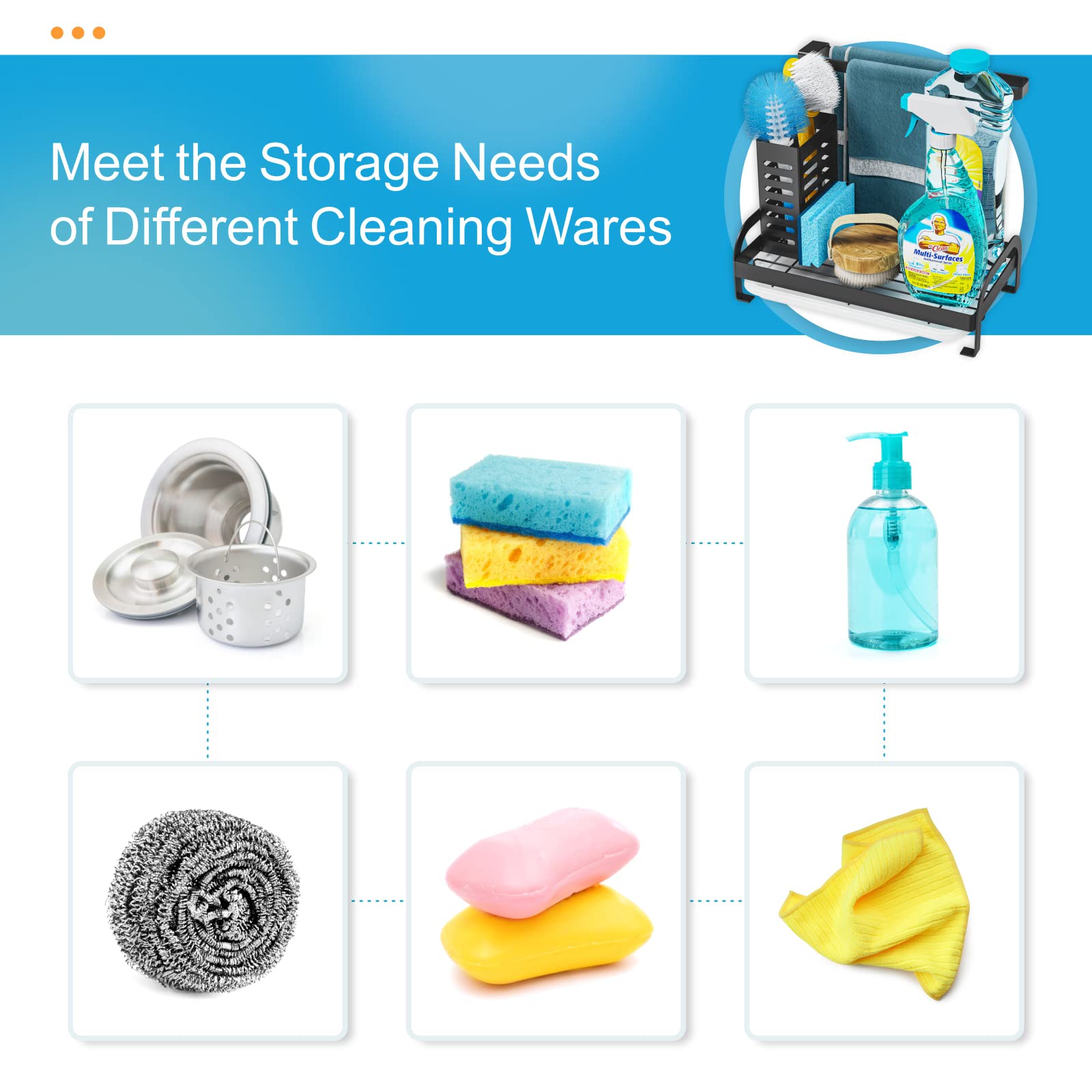 Kitchen Sink Caddy Sponge Holder - iSPECLE Sink Organizer with Brush Holder Drain Pan Tray, Dishrag Dishcloth Holder Storage Kitchen Accessories, Black