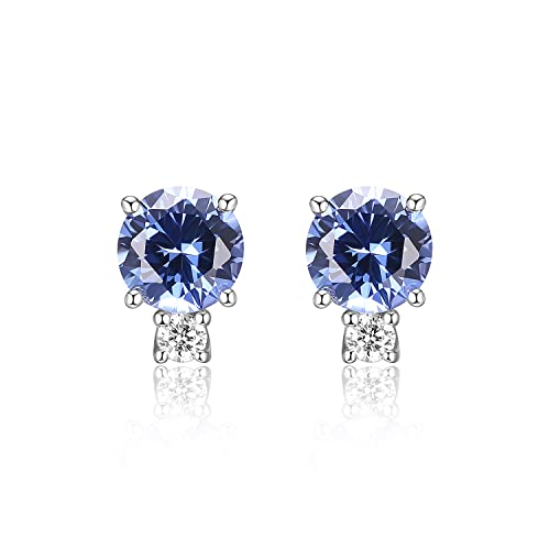 Amazon Essentials Platinum Over Sterling Silver Created Blue Sapphire and 1/10th Carat Total Weight Lab Grown Diamond Two Stone Stud Earrings (previously Amazon Collection)