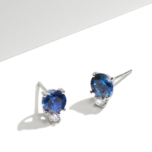 Amazon Essentials Platinum Over Sterling Silver Created Blue Sapphire and 1/10th Carat Total Weight Lab Grown Diamond Two Stone Stud Earrings (previously Amazon Collection)