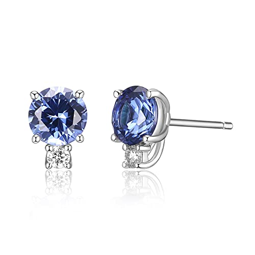 Amazon Essentials Platinum Over Sterling Silver Created Blue Sapphire and 1/10th Carat Total Weight Lab Grown Diamond Two Stone Stud Earrings (previously Amazon Collection)