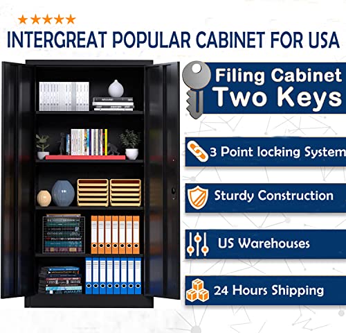 INTERGREAT Black Metal Storage Cabinet Locking Steel Storage Cabinet with 4 Adjustable Shelves 72”H×36”W×18”D Tall Metal Utility Storage Cabinet 2 Door