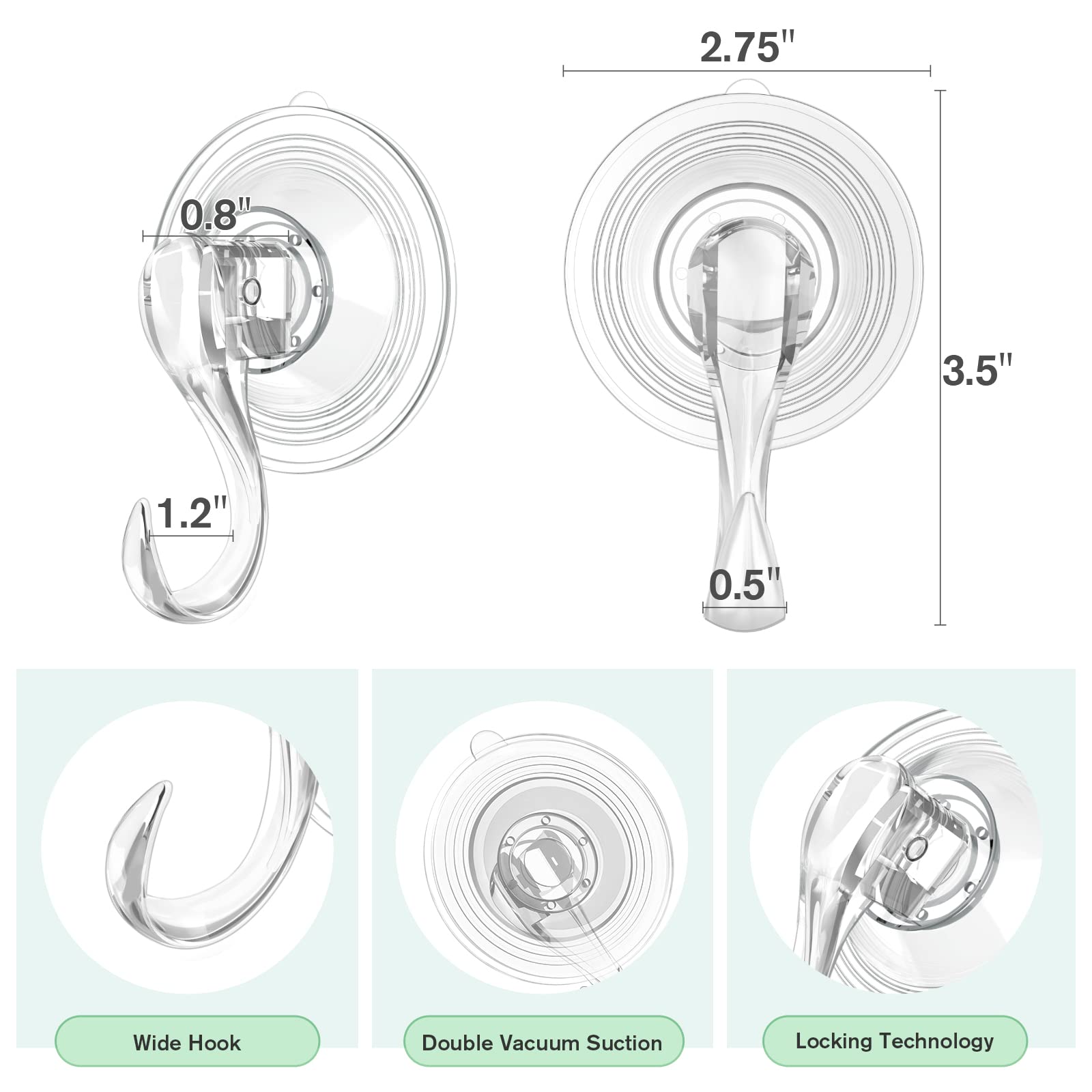 VIS'V Suction Cup Hooks, Large Clear Heavy Duty Vacuum Suction Hooks with Wipes Removable Strong Window Glass Door Kitchen Bathroom Shower Wall Suction Hanger for Towel Loofah Utensils Wreath - 5 Pcs