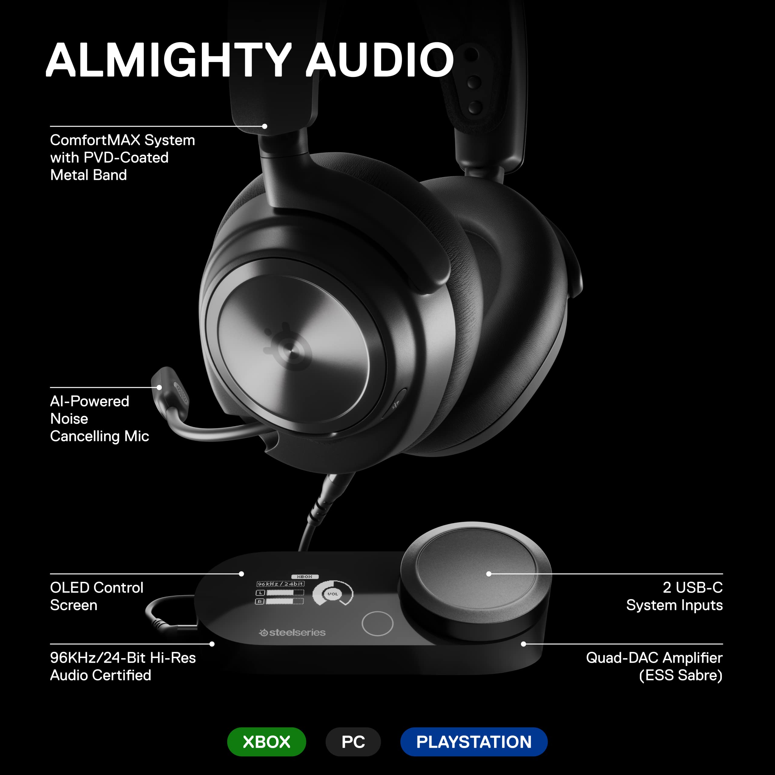 SteelSeries Arctis Nova Pro Multi-System Gaming Headset - Premium Drivers - Hi-Res Spatial Audio - GameDAC Gen 2 - ESS Quad-DAC - ClearCast Mic - PC, PS5, PS4, Switch (Renewed)