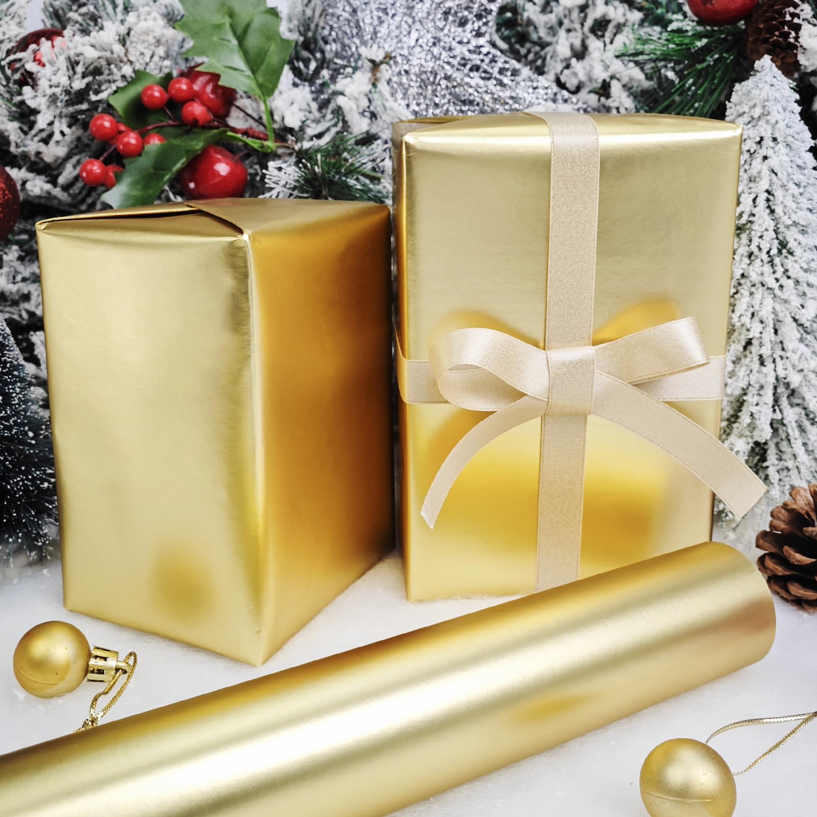 LDGOOAEL Mini Short Small Christmas Wrapping Paper Roll (17 inches X 32.8 feet) - Matte Gold for Holiday, Birthday, Wedding, Baby Shower …