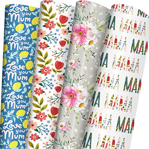 ZINTBIAL Mother's Day Wrapping Paper for Mom, Birthday, Bridal Shower - Gift Wrap with Floral, Love You Mum Letters Design - 20 x 29 Inches per Sheet (8 Sheets 33 sq. ft.) Recyclable, Easy to Store,