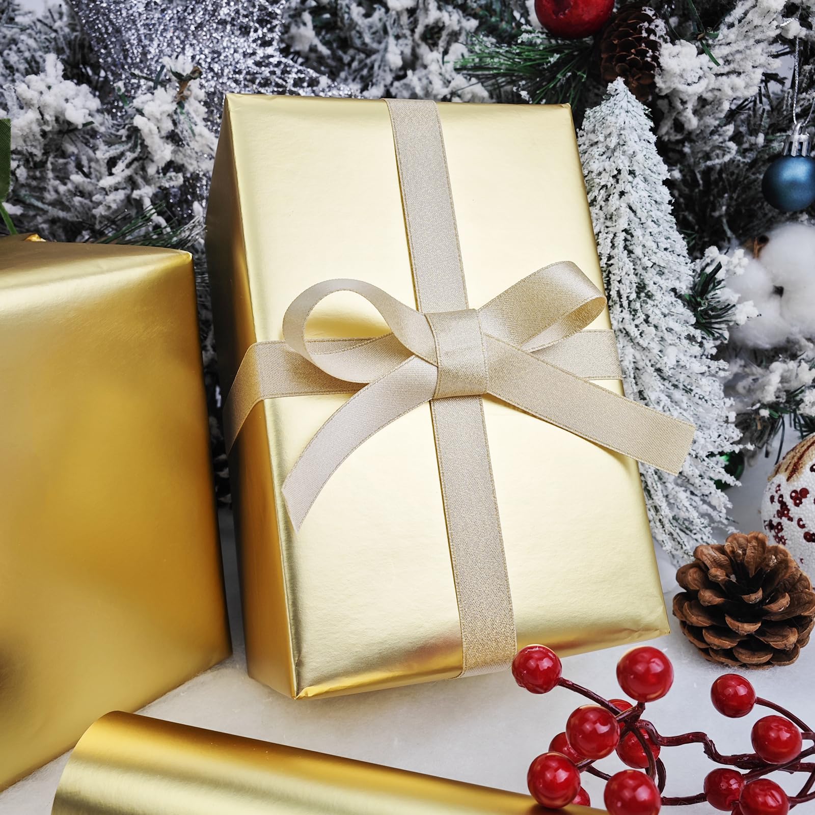 LDGOOAEL Mini Short Small Christmas Wrapping Paper Roll (17 inches X 32.8 feet) - Matte Gold for Holiday, Birthday, Wedding, Baby Shower …