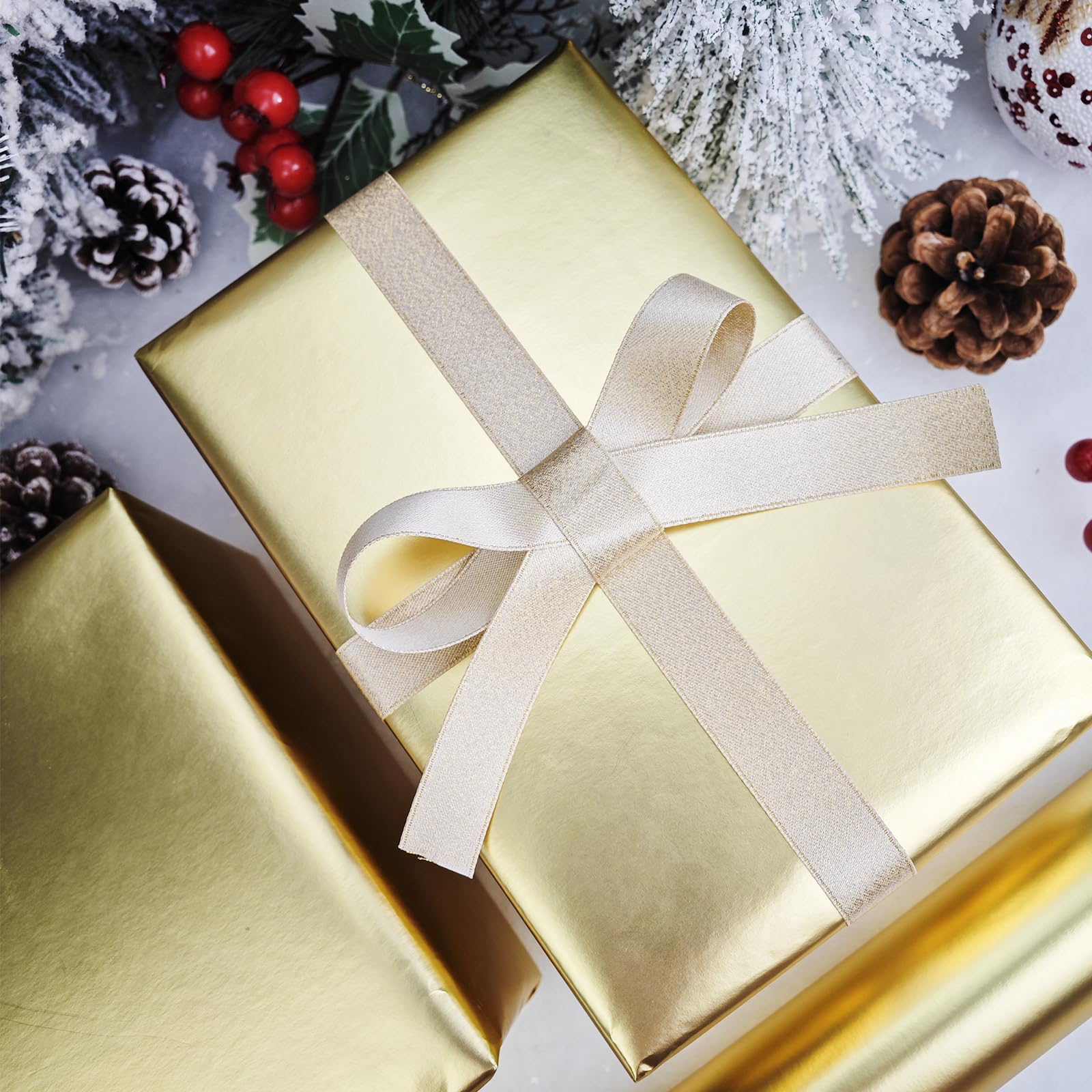 LDGOOAEL Mini Short Small Christmas Wrapping Paper Roll (17 inches X 32.8 feet) - Matte Gold for Holiday, Birthday, Wedding, Baby Shower …
