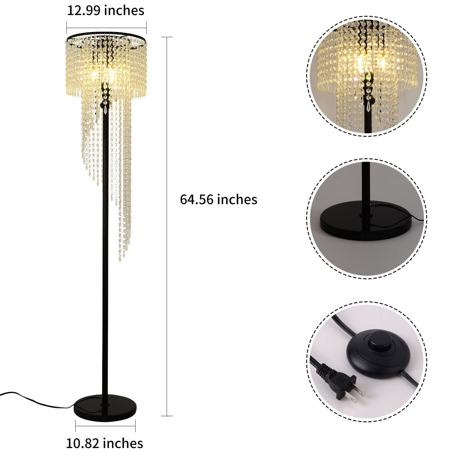 Hsyile KU300270 Mini Modern Elegance Crystal Floor Lamp for Living Room,Bedroom,Office - Standing Tall Pole Lamp - Classic Black - 3 Lights