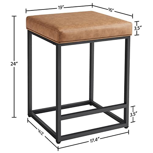 Yaheetech 24" Metal Barstools Set of 4 Counter Height Bar Stools Backless Industrial Stool Modern Upholstered Leather Stools Dining Cafe Chair Brown