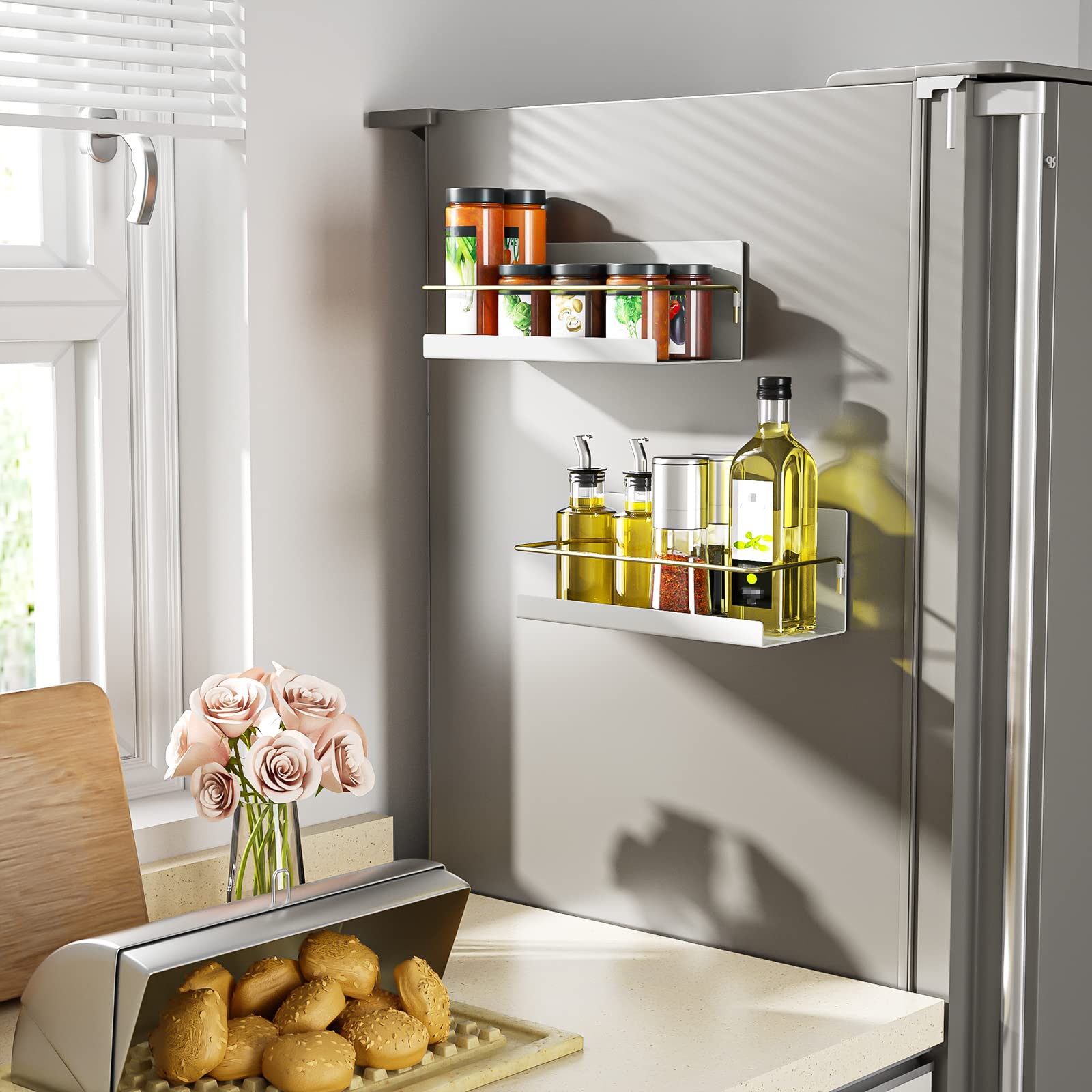 SZQINJI Magnetic Spice Rack Organizer Set of 2, Strong Magnetic Shelf for Refrigerator Space Saving Kitchen Organization, Metal Fridge Shelves for Holding Spices, Jars, Bottle, White