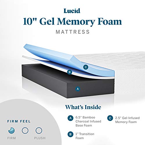 Lucid 10 Inch Memory Foam- Queen Size Mattress – Firm – Gel Infusion – Hypoallergenic Bamboo Charcoal- Mattress in a Box