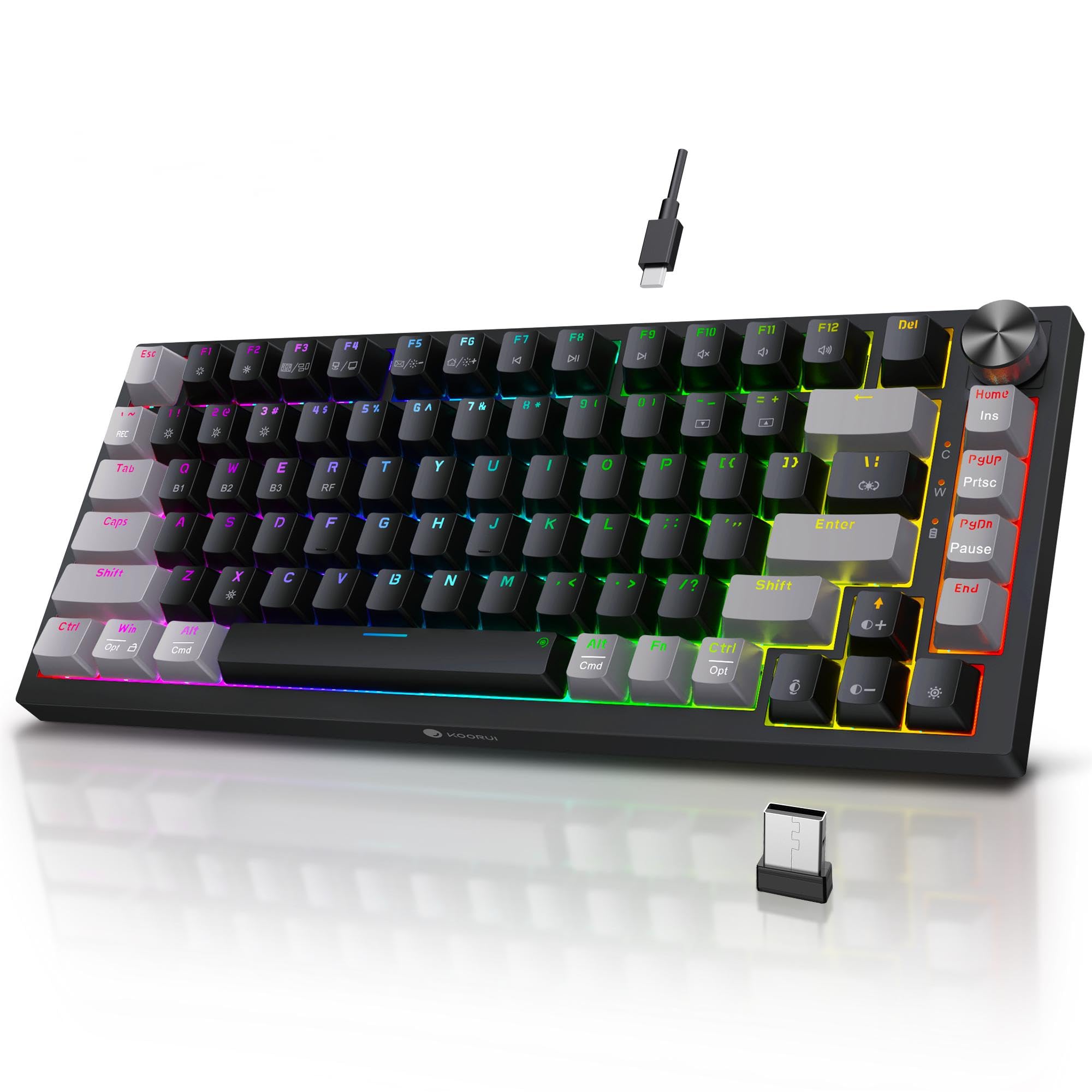KOORUI 75% Wireless RGB Gaming Keyboard,3 Mode BT/2.4Ghz/USB-C Hot Swappable Mechanical Keyboard,Compact 82 Keys Gaming Keyboard with 4000mAh Battery & Dedicated Knob Control,Linear Red Switch