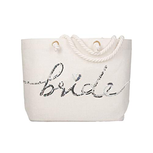 ELEGANTPARK Bridal Shower Gifts for Bride Tote Large Bride Bag for Women Bride Gifts for Engagement Wedding Party Honeymoon Beach Bag Jute Silver Sequin Interior Pocket