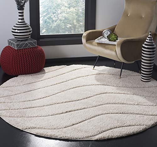 SAFAVIEH Florida Shag Collection 6'7" Round Cream/Grey SG472 Abstract Wave Non-Shedding Living Room Bedroom Dining Room Entryway Plush 1.2-inch Thick Area Rug