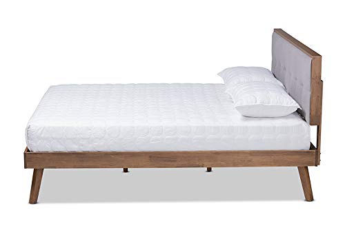 Baxton Studio Alke Mid-Century Modern Light Grey Fabric Upholstered Walnut Brown Finished Wood King Size Platform Bed