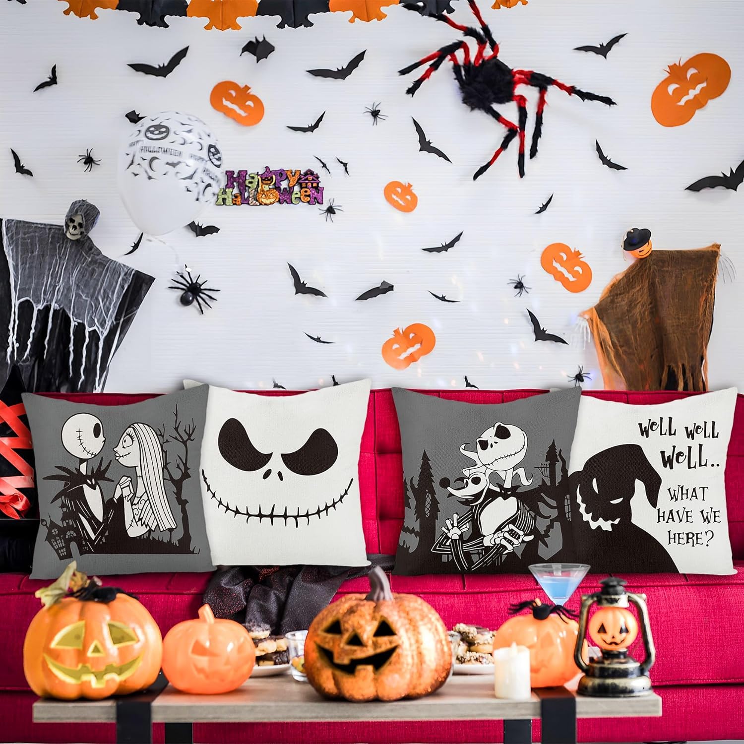 4Pcs Halloween Jack and Sally Christmas Pillow Covers 18x18 Inch Horror Cartoon Skull Throw Pillow Case Decorations Linen Decorative Square Cushion Covers for Home Sofa Couch Bed