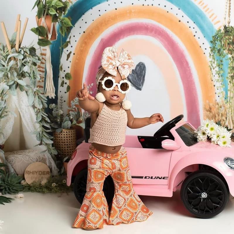 Toddler Girl Summer Clothes Baby Boho Outfit Strap Crop Cami Top Bell Bottom Pants Set Floral Groovy Clothing (White&Yellow,2-3T)