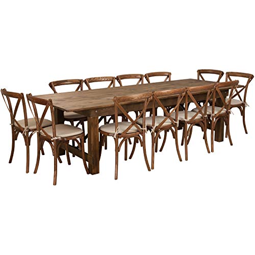 Flash Furniture HERCULES Series 9' x 40'' Antique Rustic Folding Farm Table Set with 12 Cross Back Chairs and Cushions