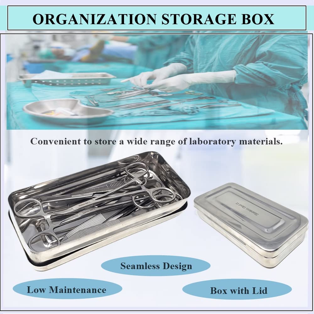 Stainless Steel Instrument Box with Lid Tray Organizer For Storage and Sterilization Surgical Lab Instrument Supplies Cleaning Tools - 7Lx3Wx1.25H