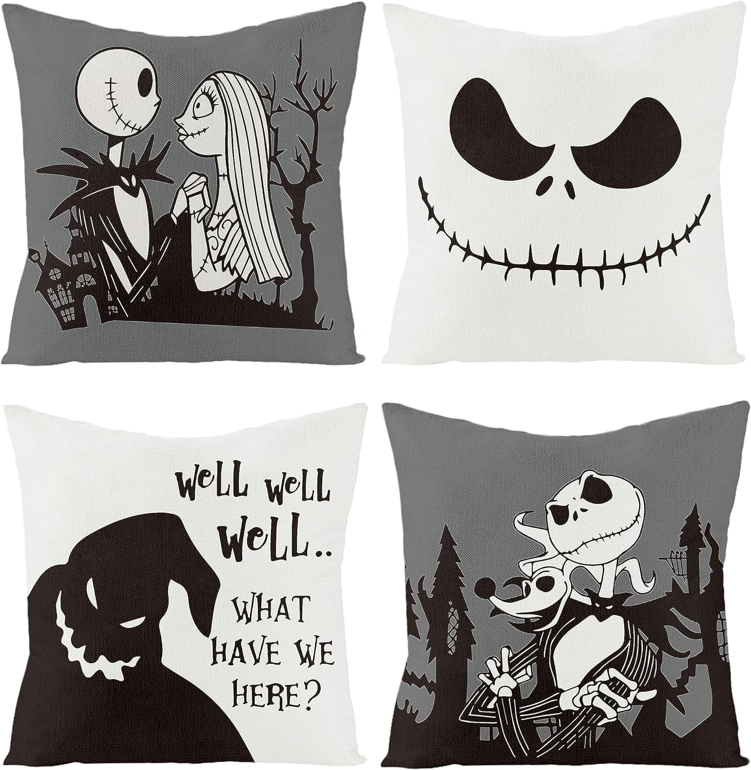 4Pcs Halloween Jack and Sally Christmas Pillow Covers 18x18 Inch Horror Cartoon Skull Throw Pillow Case Decorations Linen Decorative Square Cushion Covers for Home Sofa Couch Bed